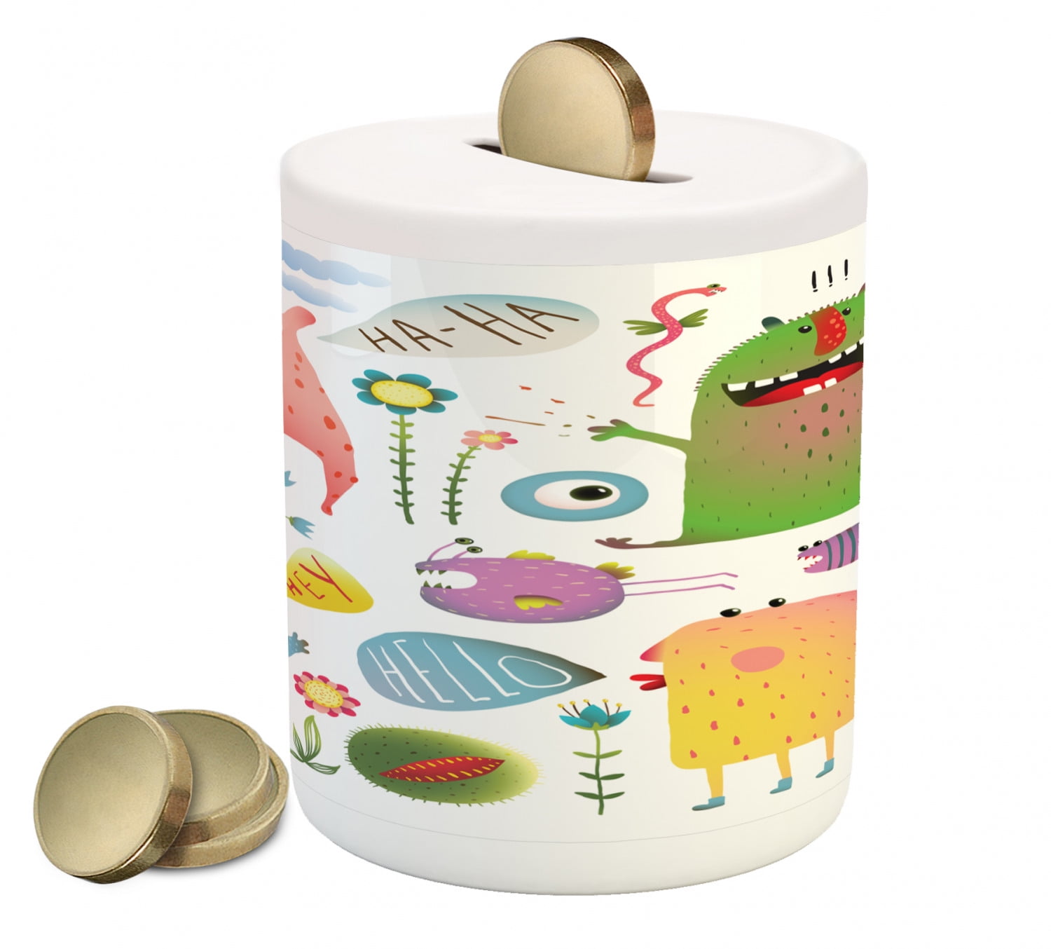 Monster Piggy Bank, Alien Creatures Laughing Design with Flowers ...
