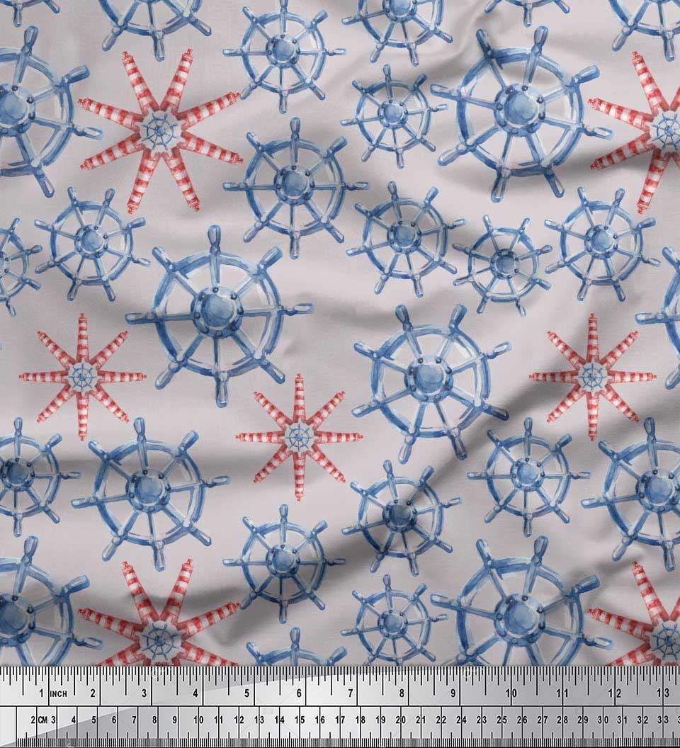 Soimoi Grey Velvet Fabric Lighthouse & Ship Wheel Nautical Print Fabric ...