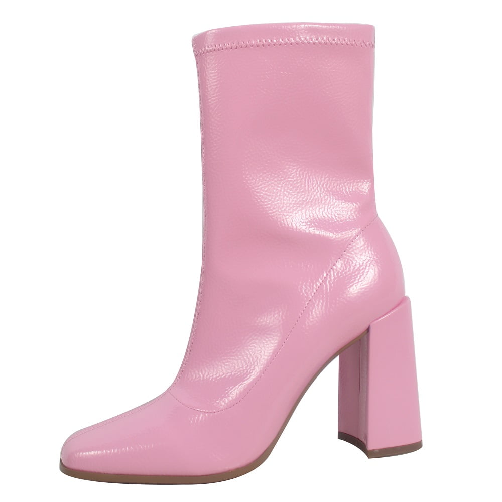 Delicious Women's Square Toe Mid Calf Block Heel Ankle Bootie, Pink , 9 ...