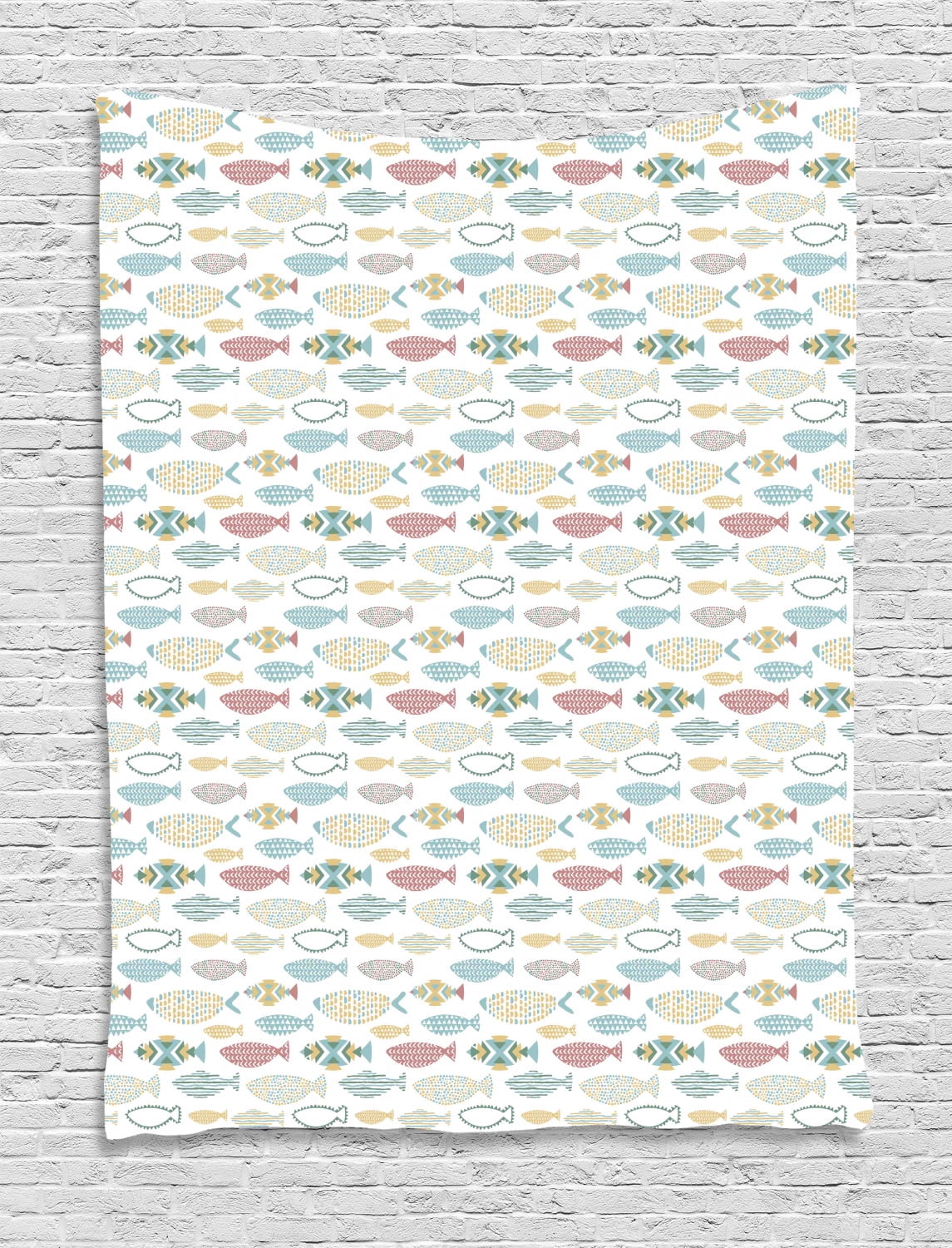 Fish Tapestry, Geometric Arrangement Sea Creatures Stripes Triangles ...