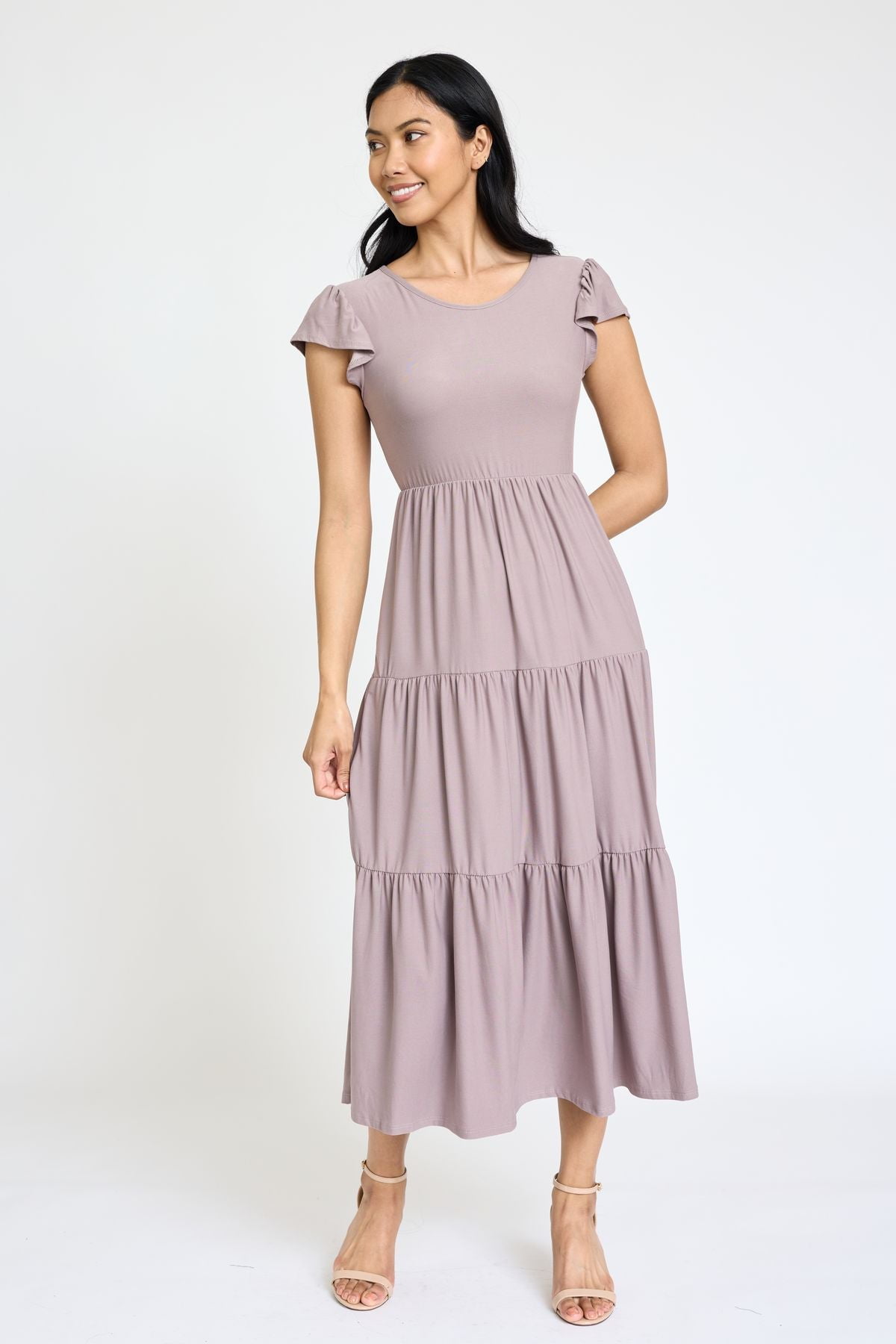 Solid Flutter Sleeve Tiered Tea Length Dress | 4 Colors | S-3X ...