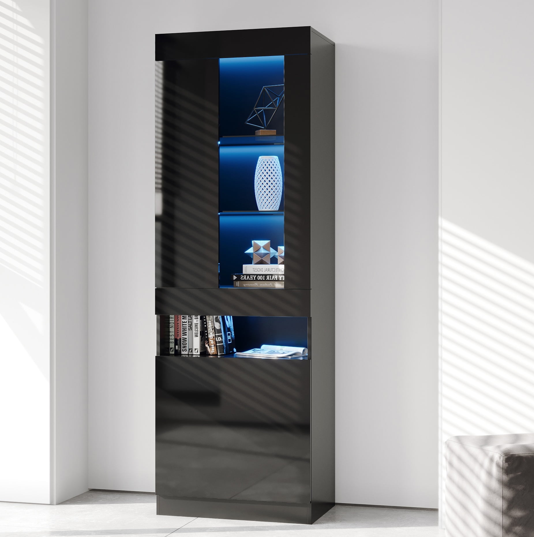 SYNGAR Modern Cabinet, Tall Cabinet with LED Light, Display Cabinet ...