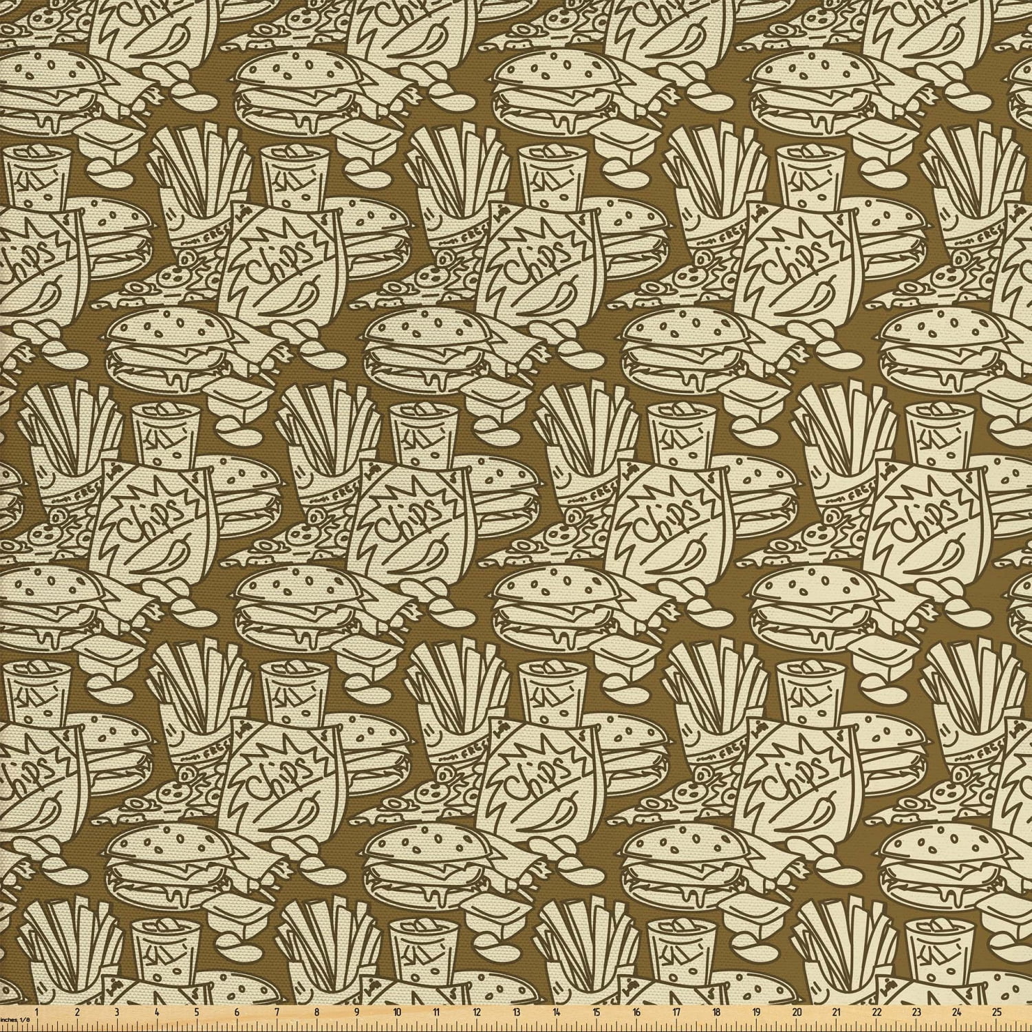 Food Upholstery Fabric by the Yard, Monochrome Pattern with Junk Food ...