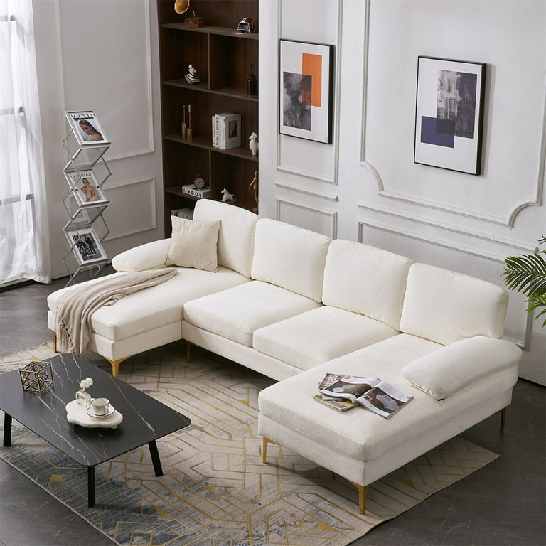 U Shaped Indoor Modular Sofa 4 Seat Chenille Fabric Upholstered Sectional Sofa with Double Chaise Lounge and Gold Plated Feet Modern Leisure Couch