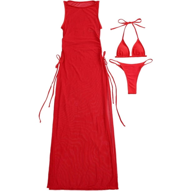 Womens Sexy 3 Piece Swimsuits Mesh Cover Up Micro Triangle Halter