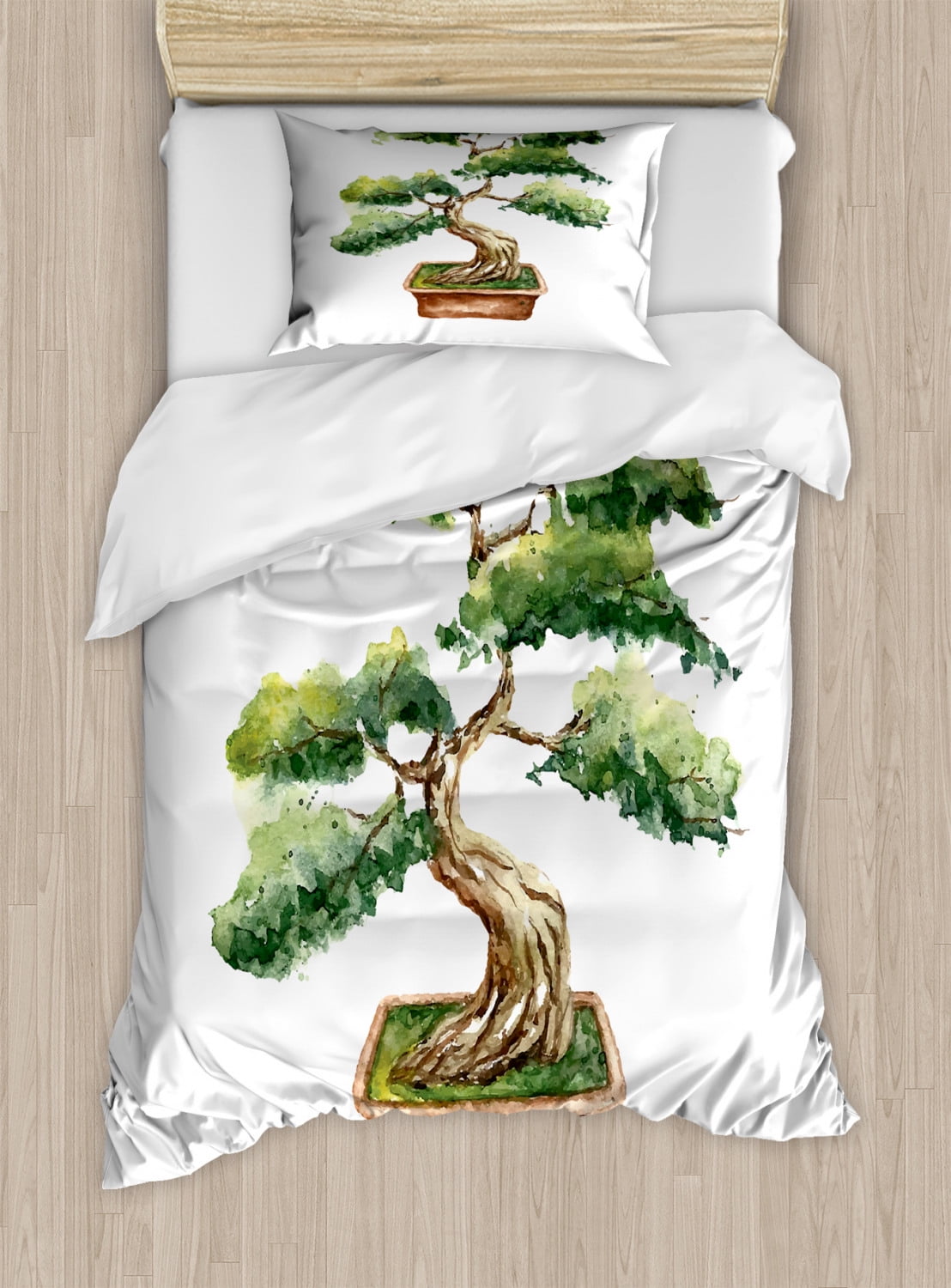 Zen Garden Twin Size Duvet Cover Set, Watercolor Style Bonsai Hand ...