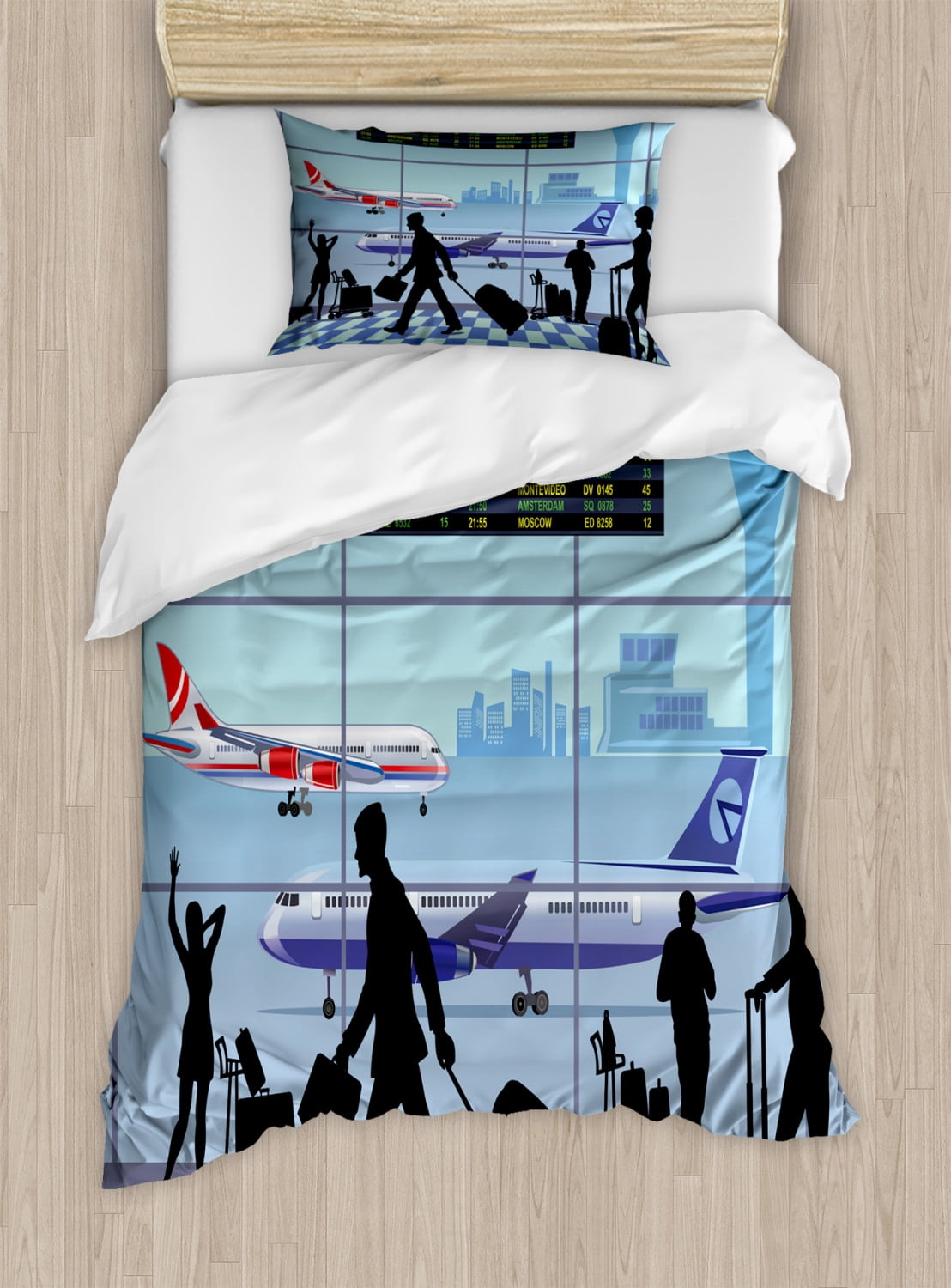 Airport Duvet Cover Set Twin Size, Planes and Flight Board with ...
