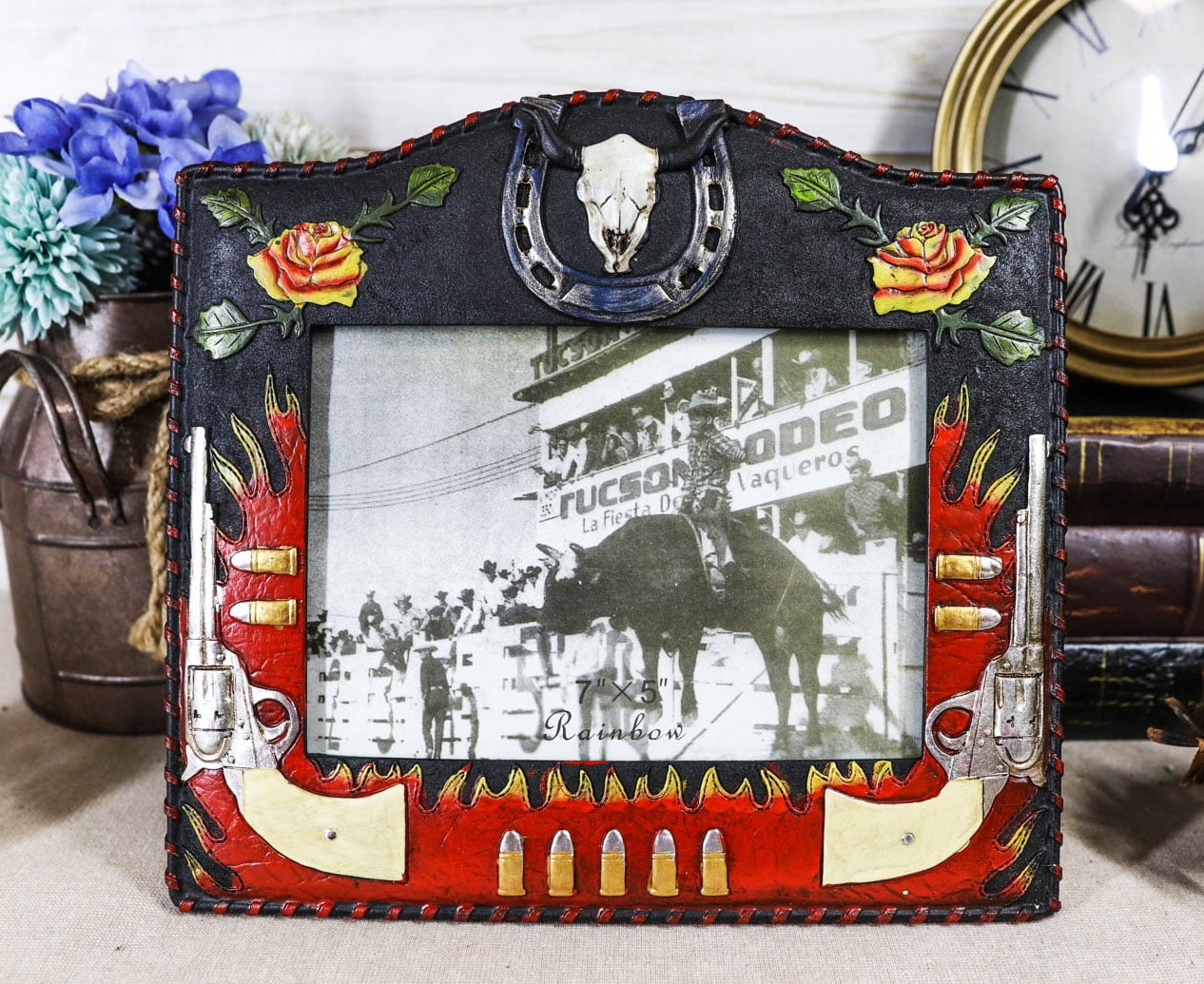 Rustic Western Cowboy Dual Revolvers Horseshoe Cow Skull Photo Frame 5 ...