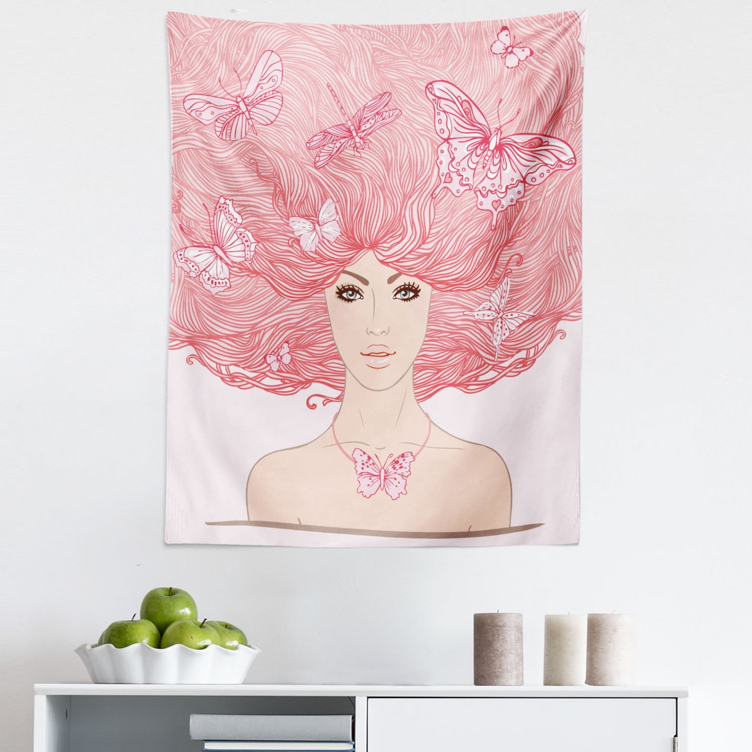 Pink Tapestry, Sketchy Hand Drawn Style Girl with Butterflies in Her ...