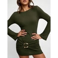 Army Green Ruched Mini Dress With Gold-Tone Buckle Detail, Long Sleeve ...