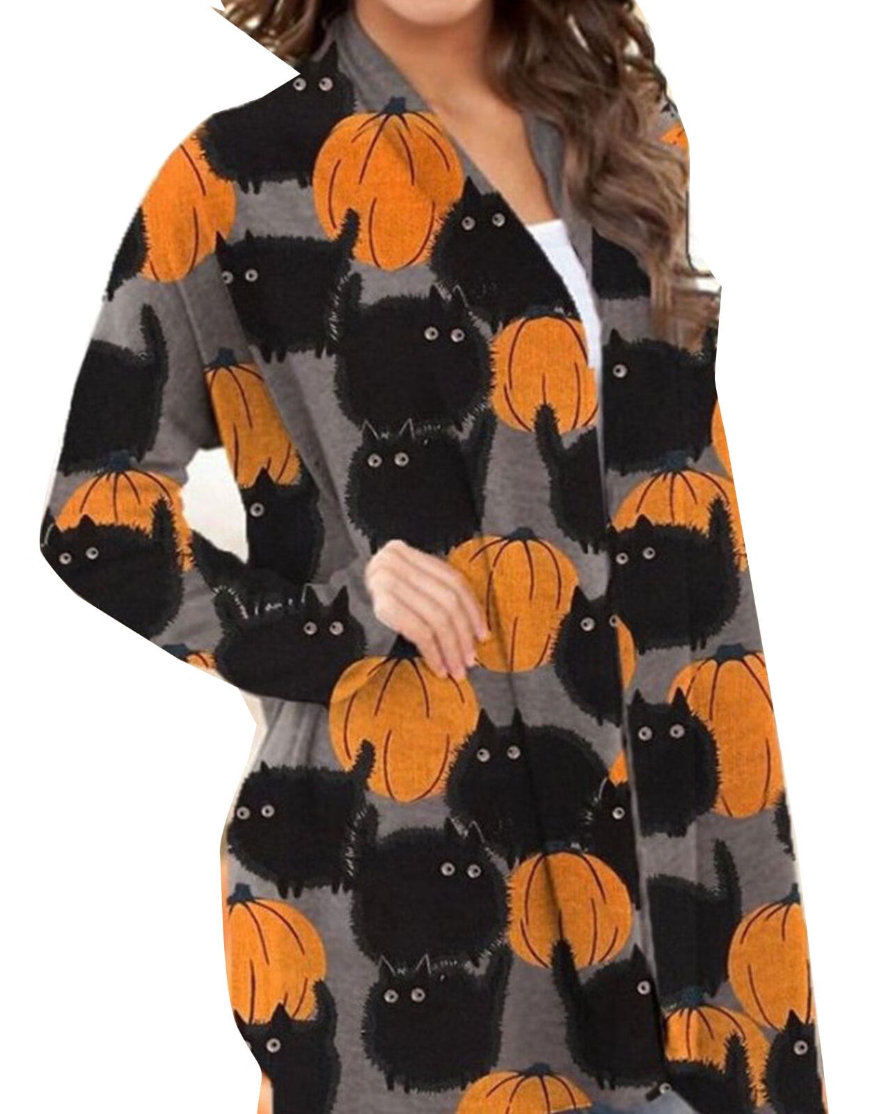 Alsol Lamesa Women's Halloween Pumpkin Cat Print Knitting Cardigan Plus ...