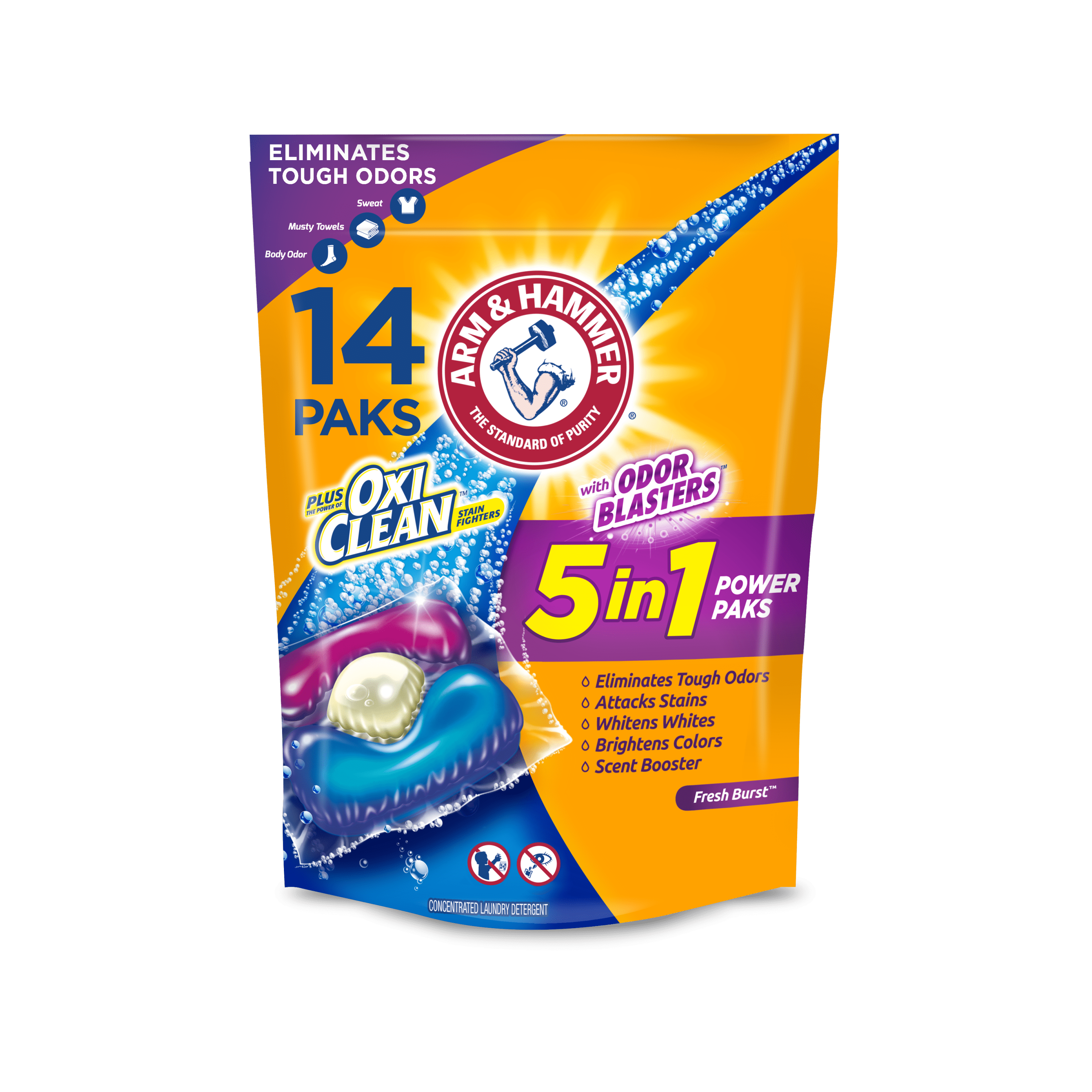 Arm and Hammer Plus OxiClean with Odor Blasters LAUNDRY DETERGENT 5-IN-1 Power Paks, 14 Count ...