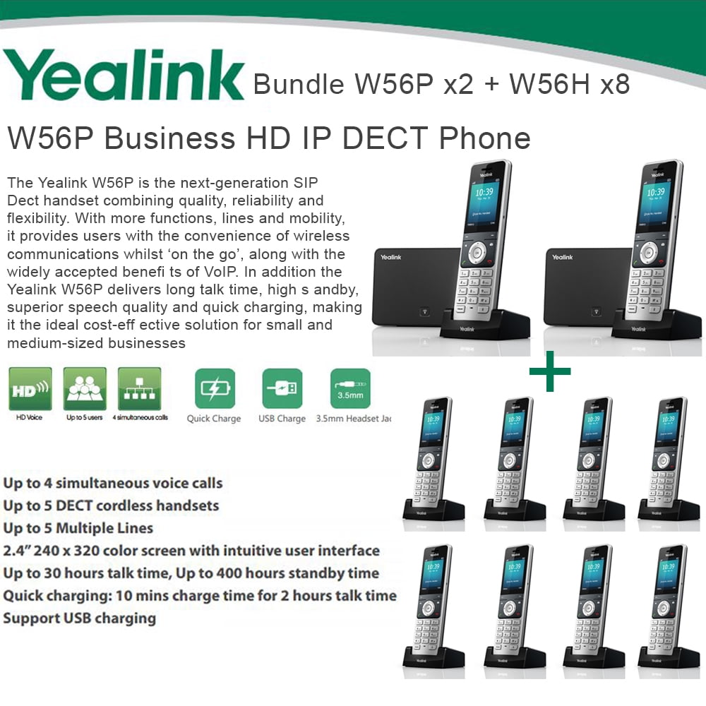 Yealink W56P x2 + W56H X8 Cordless VoIP Phone PoE HD Voice and Base Unit - Walmart.com