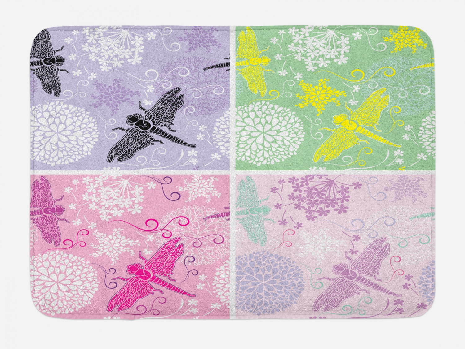 Dragonfly Bath Mat, Set of Four Floral Frame Pattern with Dragonfly and ...