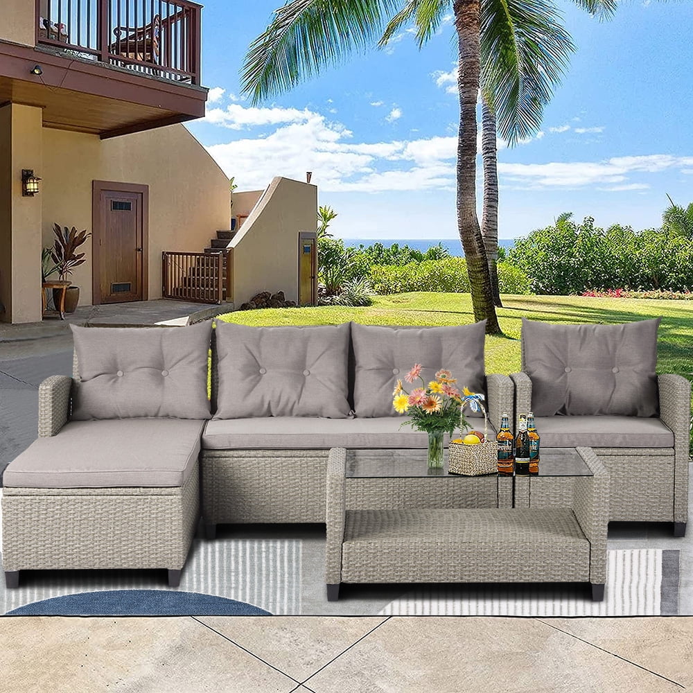 4 Pieces Patio Conversation Sets, All Weather Wicker Sofa Outdoor ...