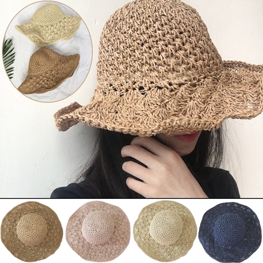 Walbest Womens Foldable Handmade Straw Weave Wide Brim Sun Straw Hat ...