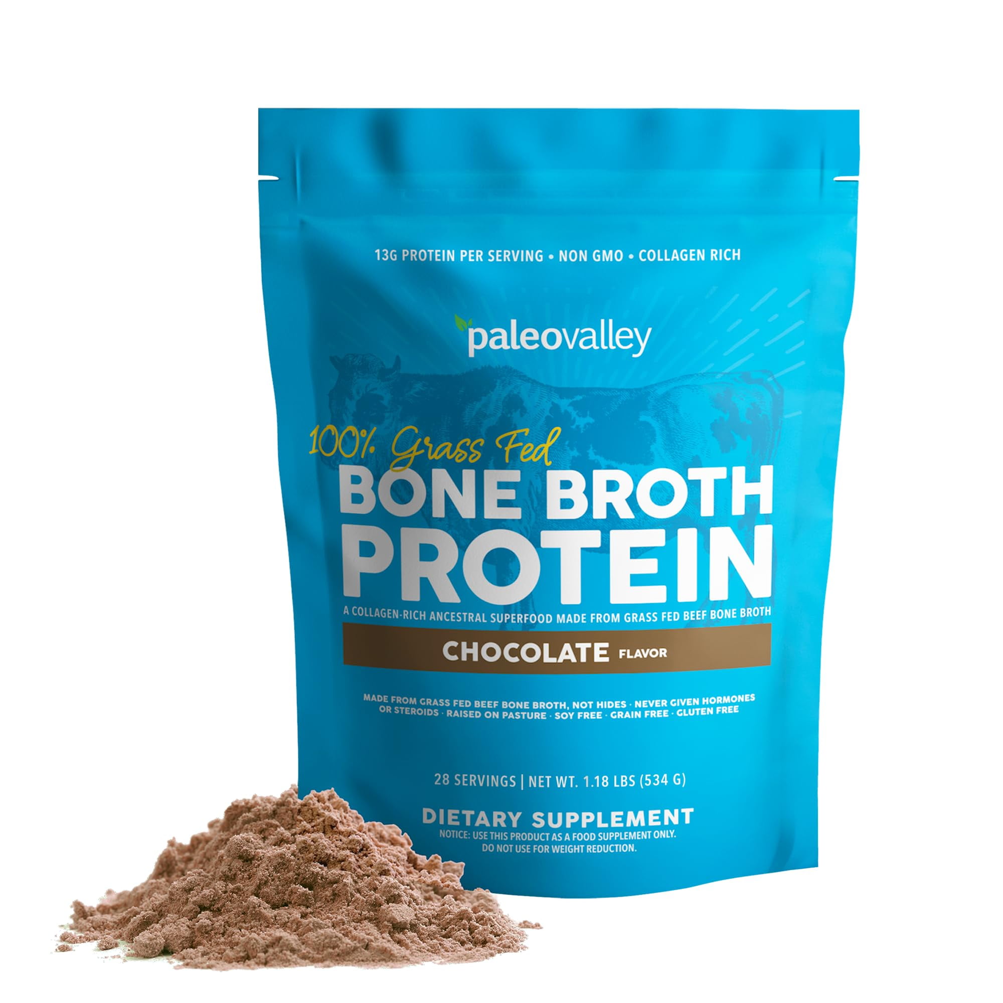 Paleovalley 100% Grass Fed Bone Broth Protein Powder - Chocolate - Rich in Collagen for Hair ...