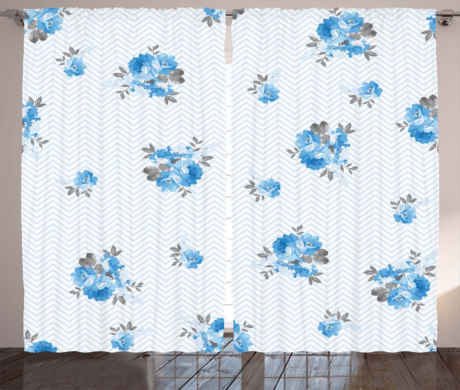 Rose Curtains 2 Panels Set, Floral Theme Illustration of Blue Rose ...