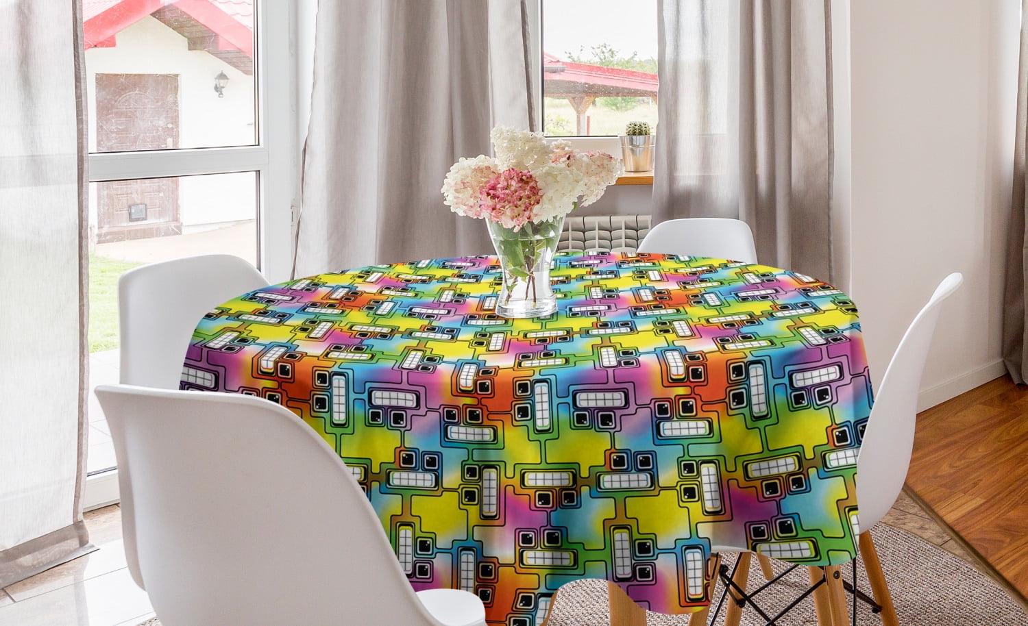 Colorful Round Tablecloth, Hippie Digital Fun Characters with Eyes and ...