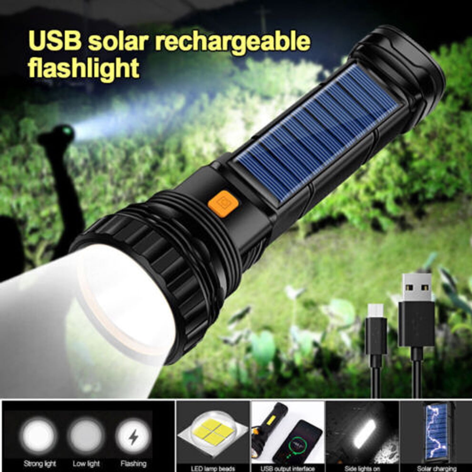 TASHHAR Solar/Rechargeable Multifunctional LED Flashlight with ...