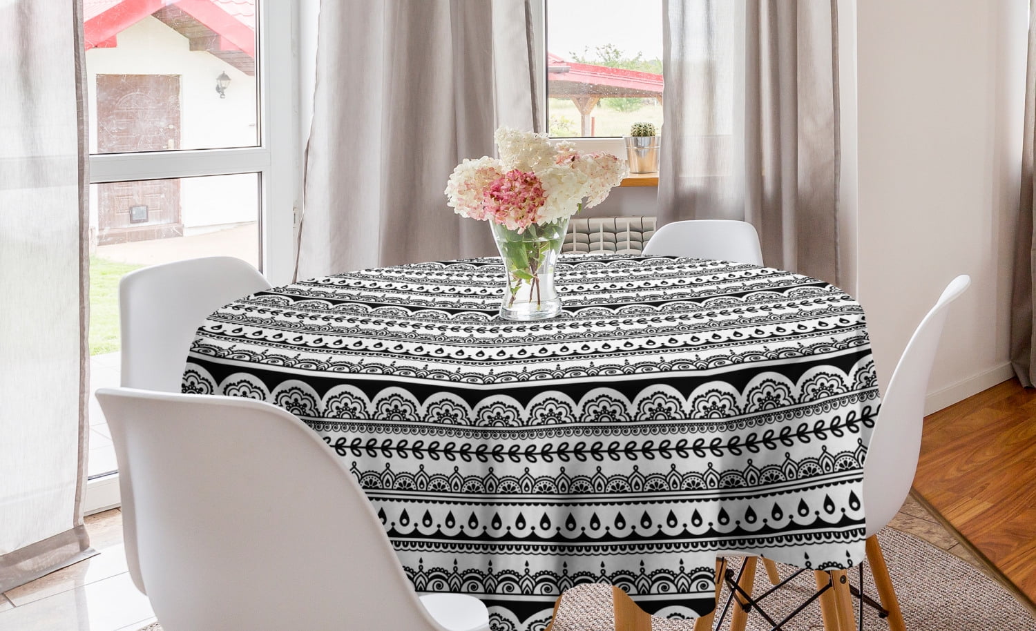 Tribal Round Tablecloth, Borders with Leaves Florals Flowers Ivy Swirls ...
