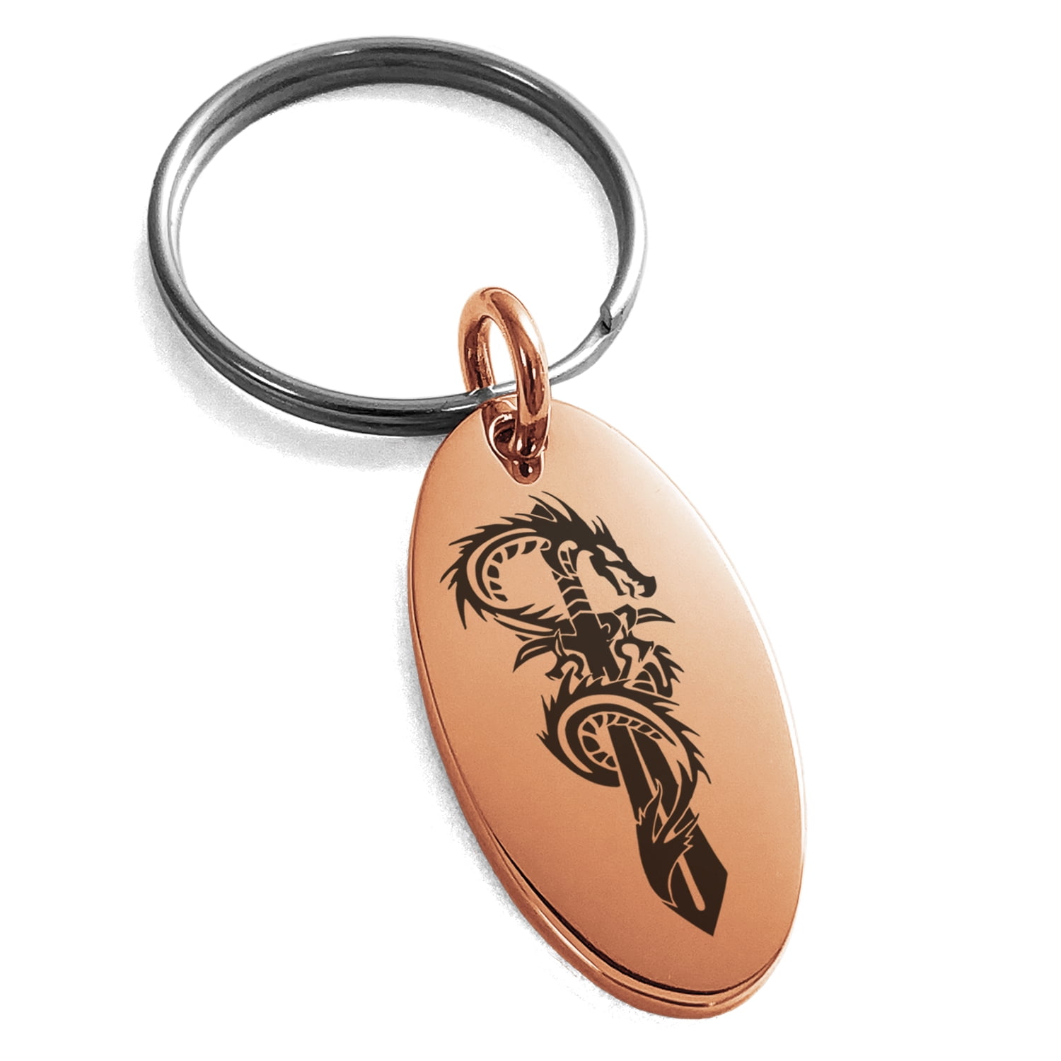 Stainless Steel Exalted Dragon Blade Engraved Small Oval Charm Keychain ...