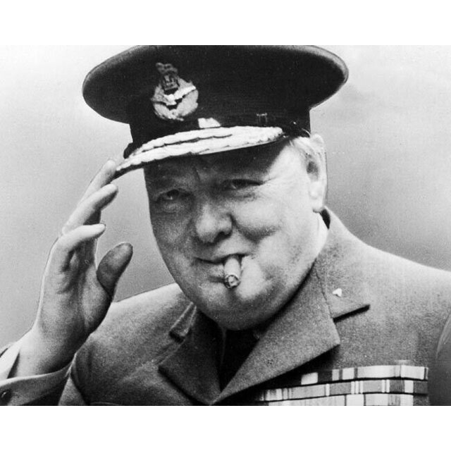 Sir Winston Churchill iconic pose cigar in mouth saluting to camera ...