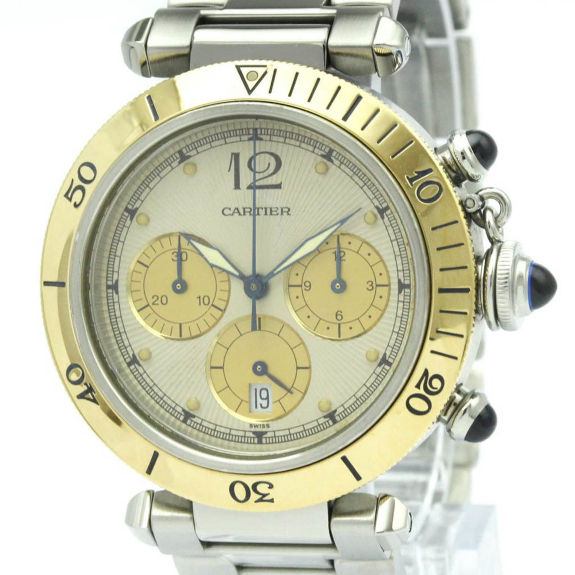 Pre-Owned CARTIER Pasha 38 Chronograph 18K Gold Steel Watch W31011H3 ...