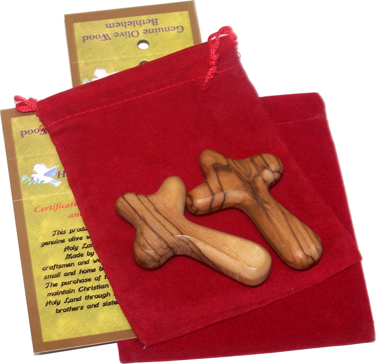 Small Olive Wood Pocket Comfort Holding Cross Package with Velvet Bag ...