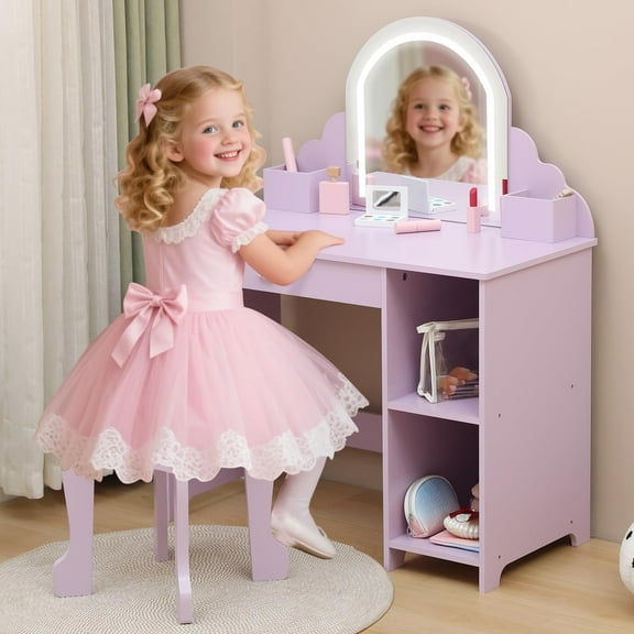 Adjustable LED Lighted Mirror Kids Vanity Desk - Makeup Table with ...