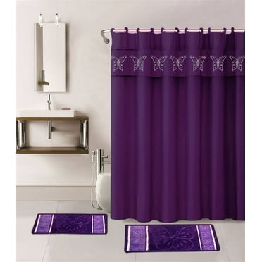 15-Piece Set: Butterfly Purple Bathroom Decor - 2 Anti-Slip Mats/Rugs ...