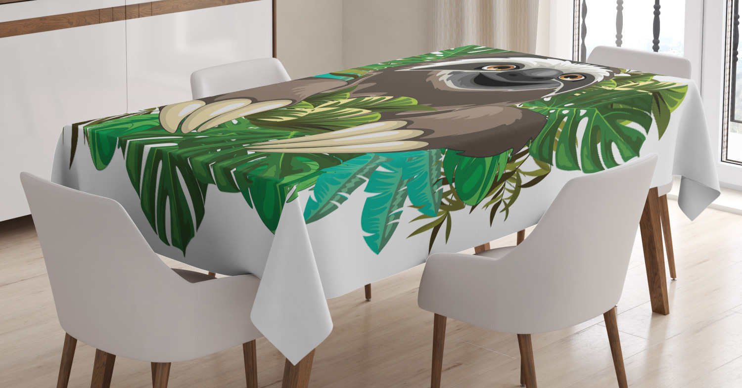 Sloth Tablecloth, Cartoon Mammal on Tropical Jungle with Green Banana ...