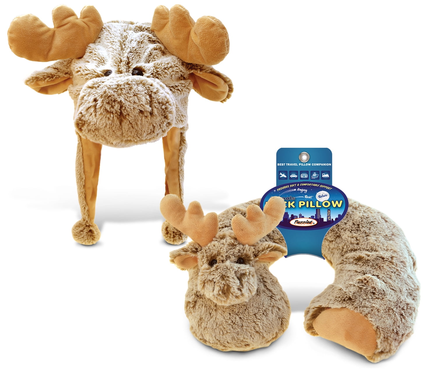 Puzzled Moose Collection - Super Soft Plush Hat and Neck Pillow, Set of ...