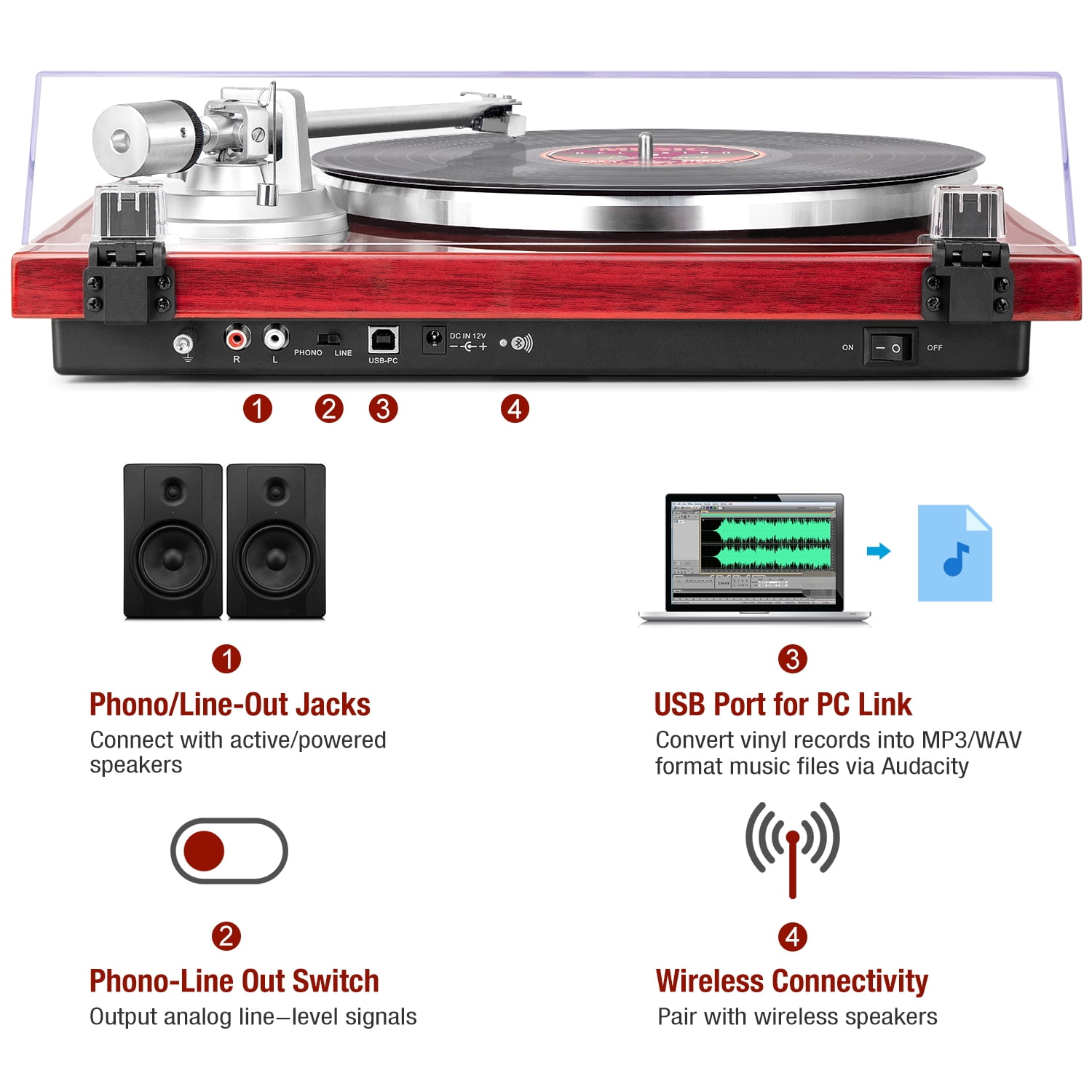 Buy 1 BY ONE Classic Record Player, Belt Drive Turntable with Bluetooth ...