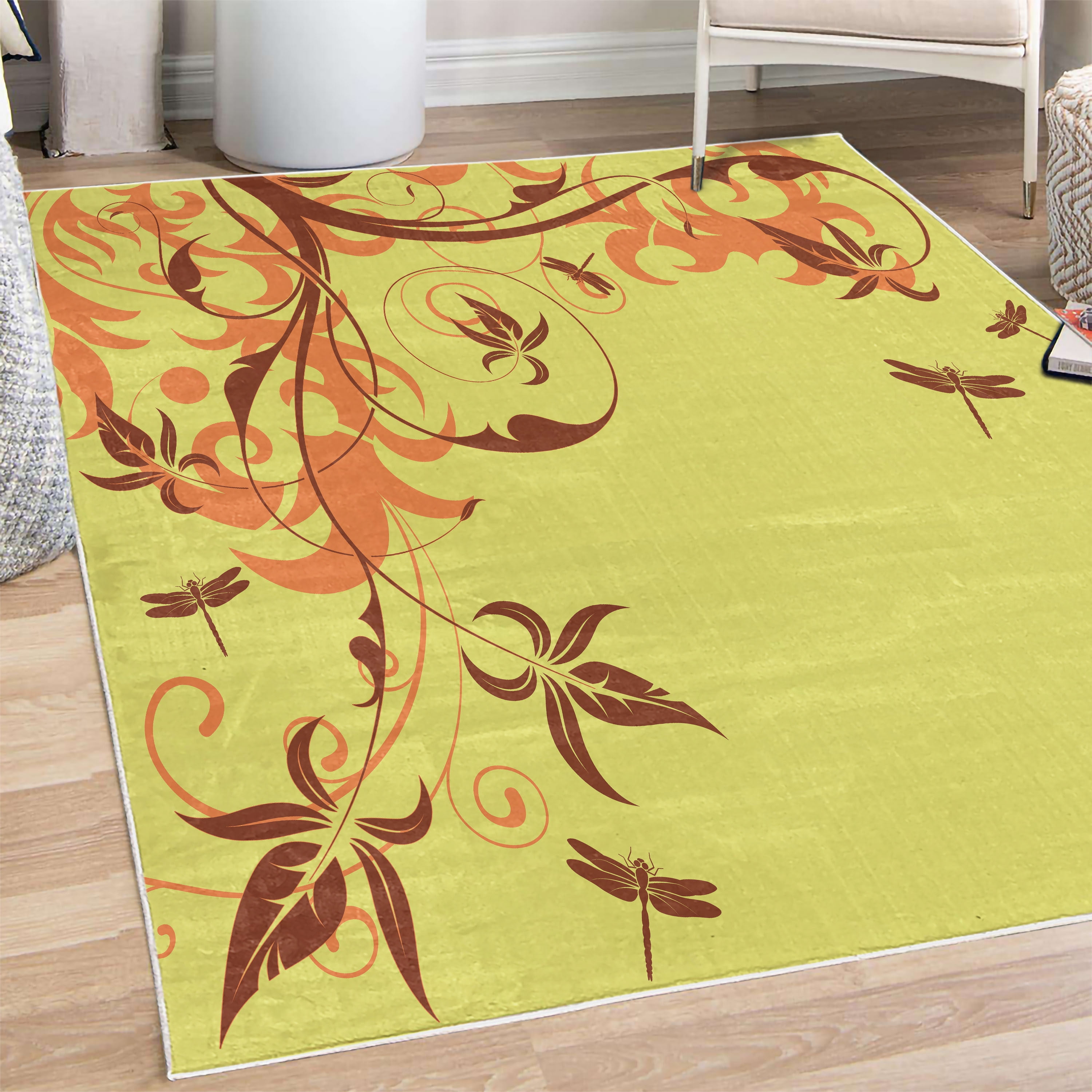 Dragonfly Decorative Rug, Swirled Floral Background Damask Curl ...