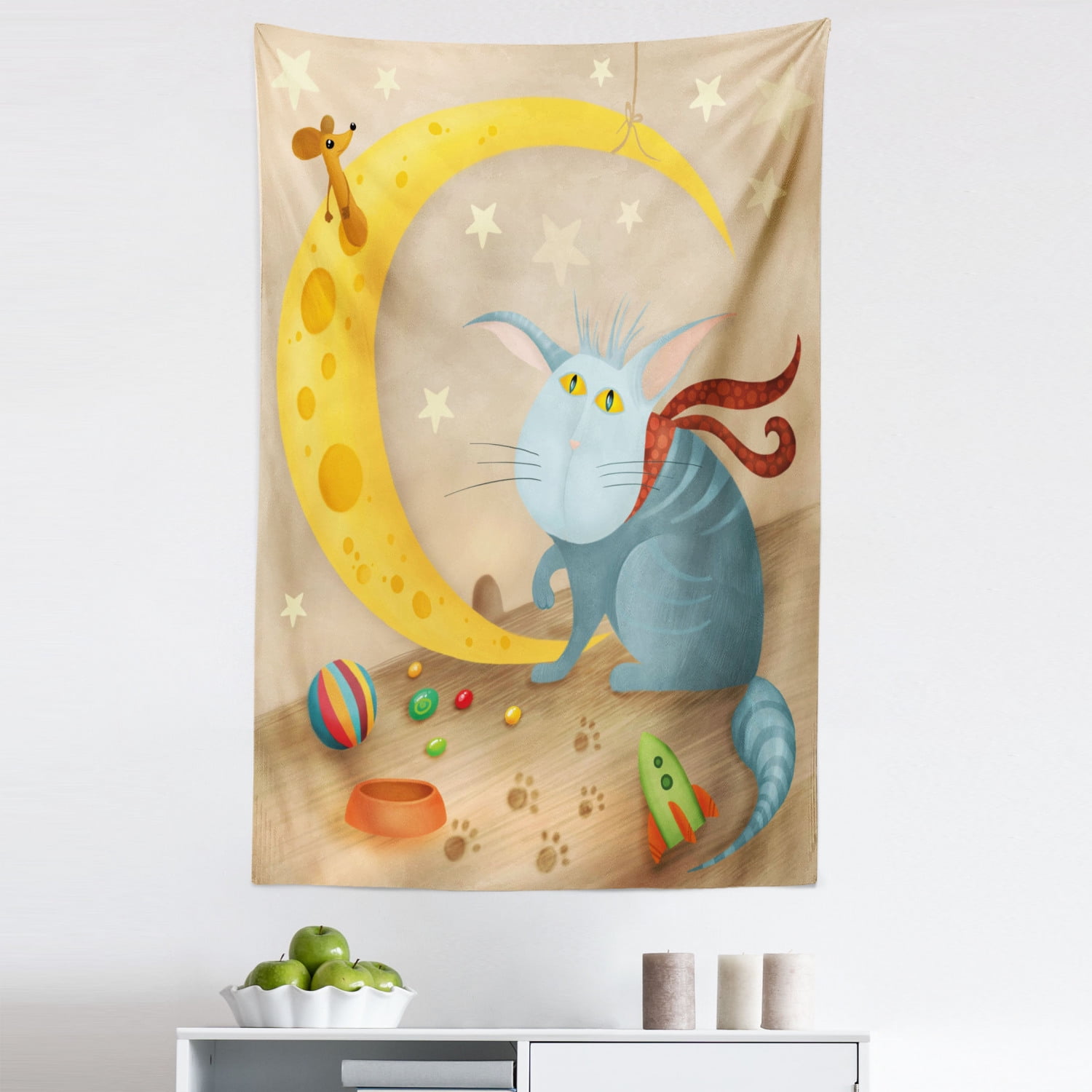 Funny Tapestry, Cat and Mouse on Crescent Moon Shaped Cheese Paws Toys ...