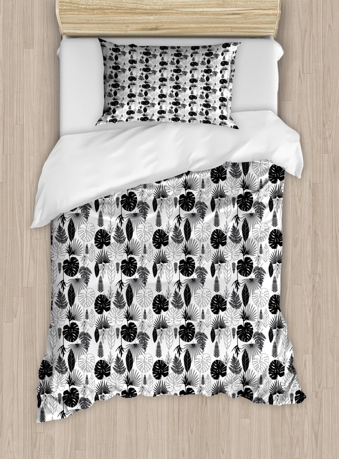 Black and White Twin Size Duvet Cover Set, Tropical Leaf Silhouettes ...