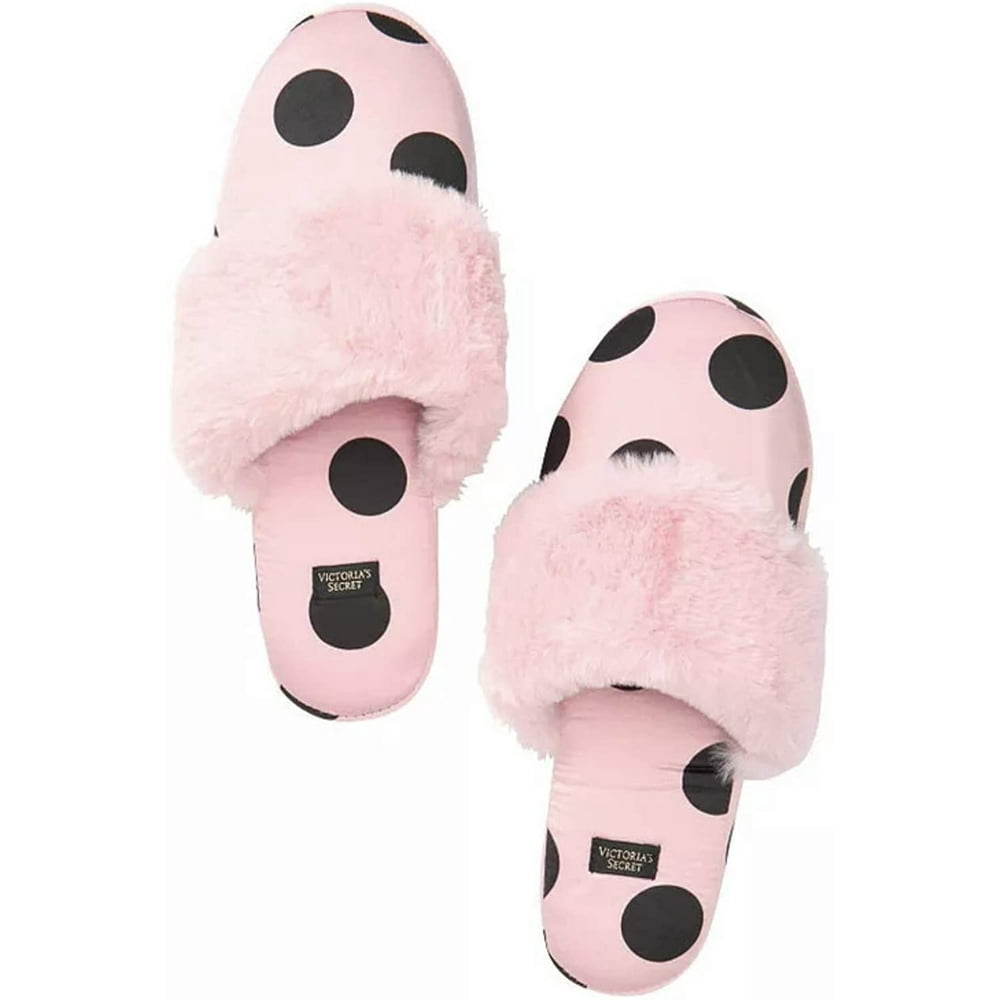 Victorias Secret Signature Satin Slippers Pink Black Polka Dot With