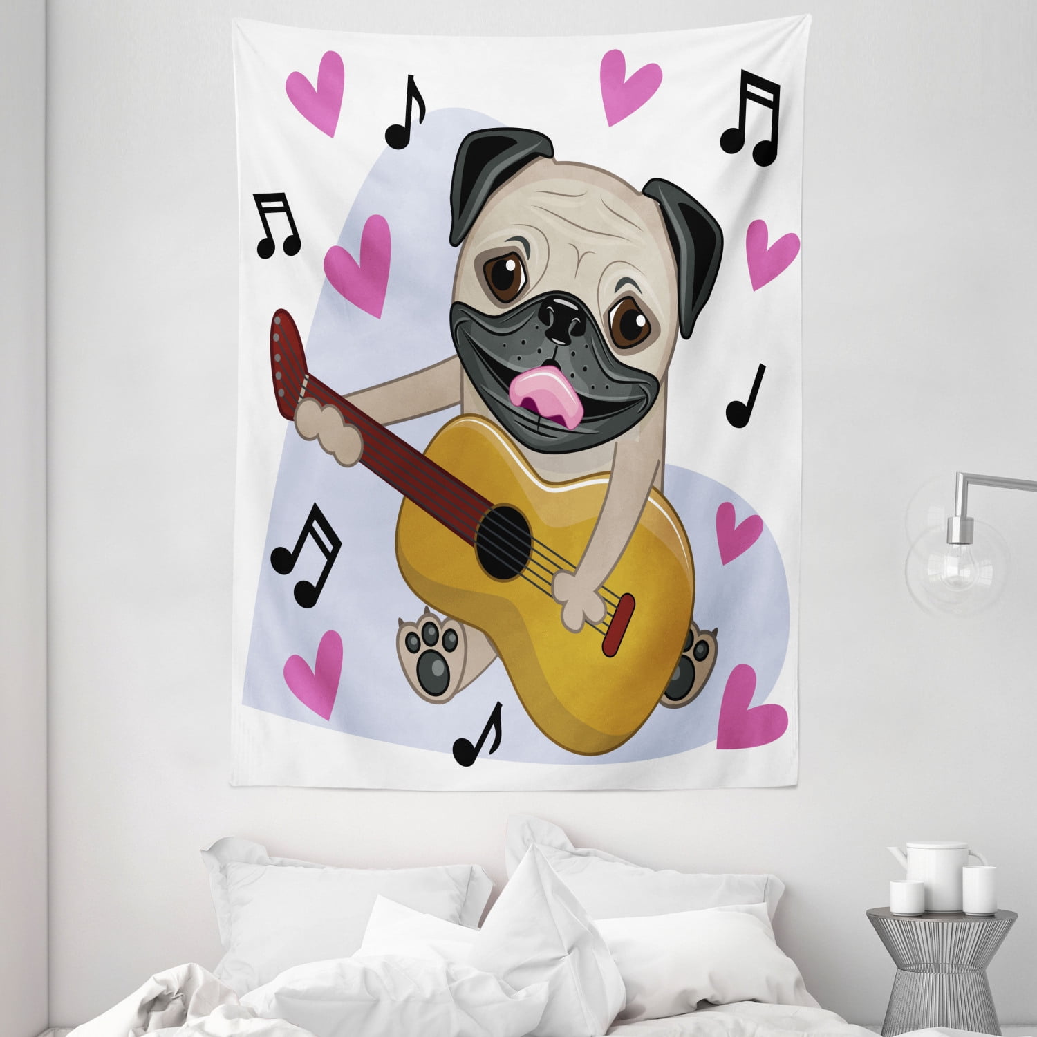 Pug Tapestry, Pug Dog Playing Guitar Singing with Cute Pink Hearts ...