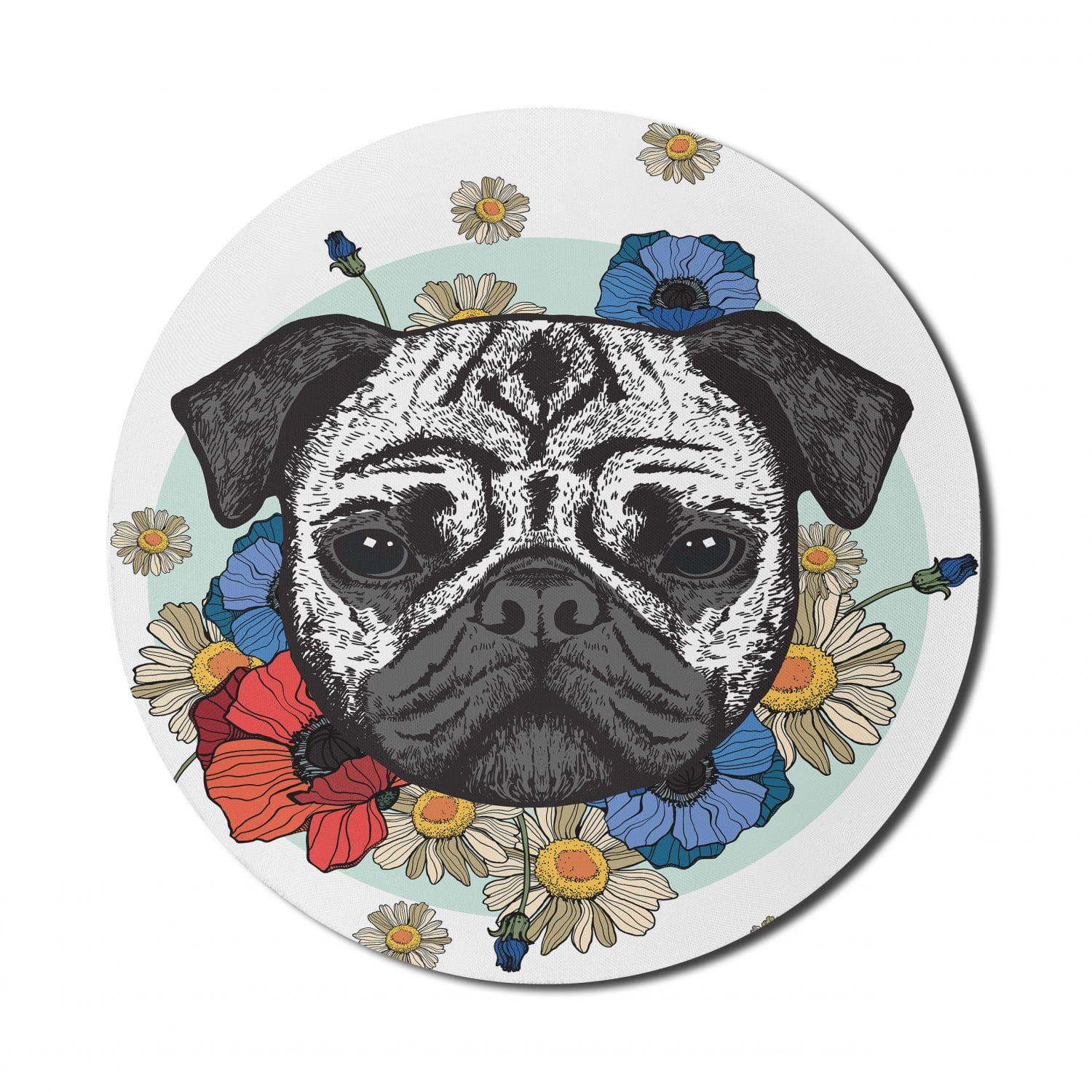 Pug Mouse Pad for Computers, Black and White Head of a Pug on Floral ...