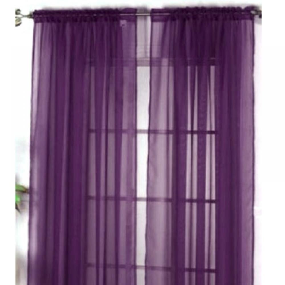 2 Piece Dark Purple Solid Sheer Voile Curtain Panel Rod Pocket Window ...