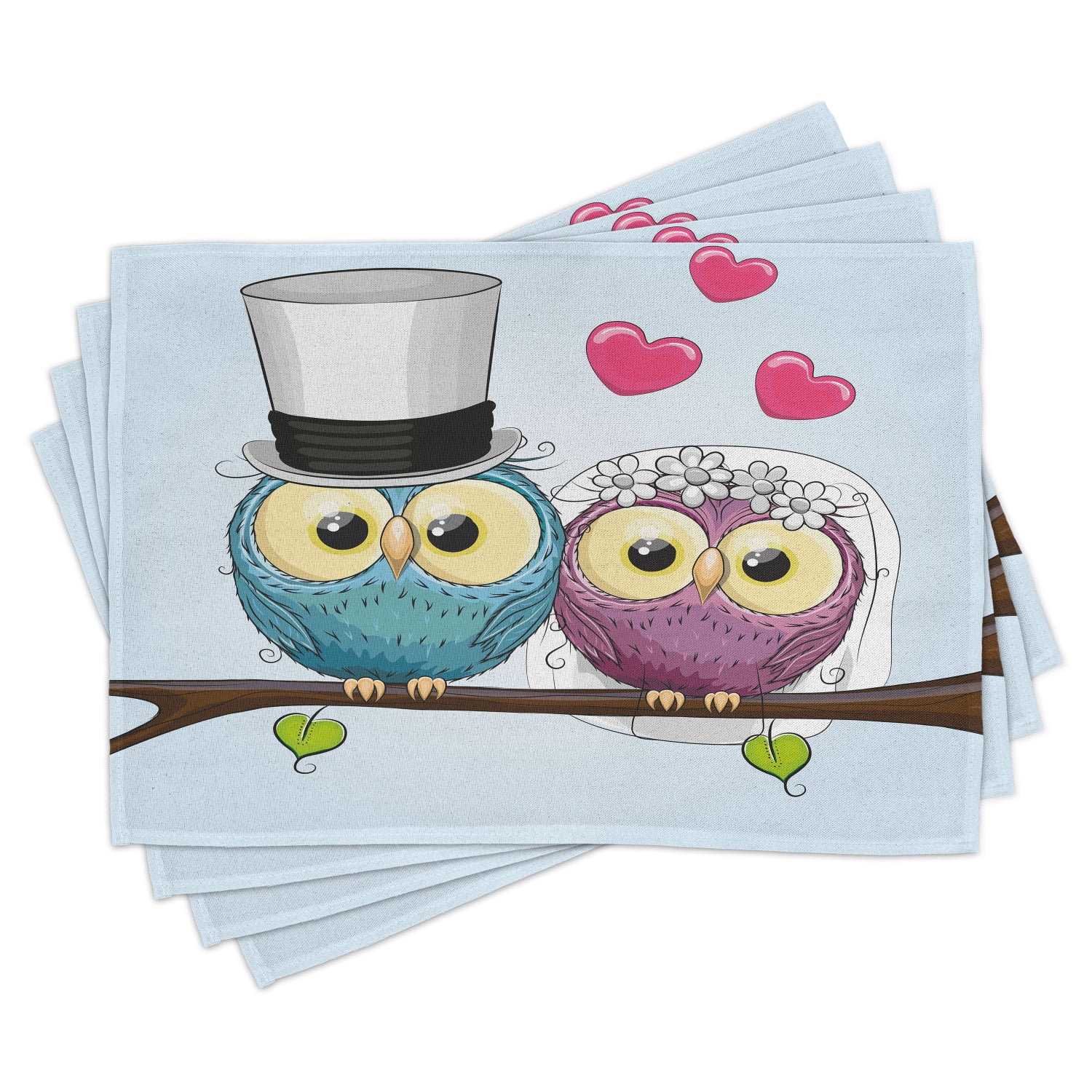 Ambesonne Owl Place Mats Set of 4, Cartoon Married Couple Fun, Standard ...