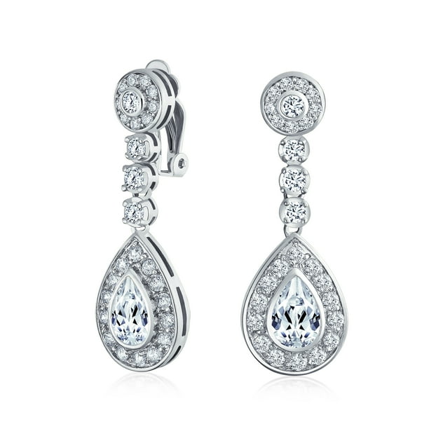Teardrop Halo Cubic Zirconia Pave CZ Dangle Prom Statement Clip On ...