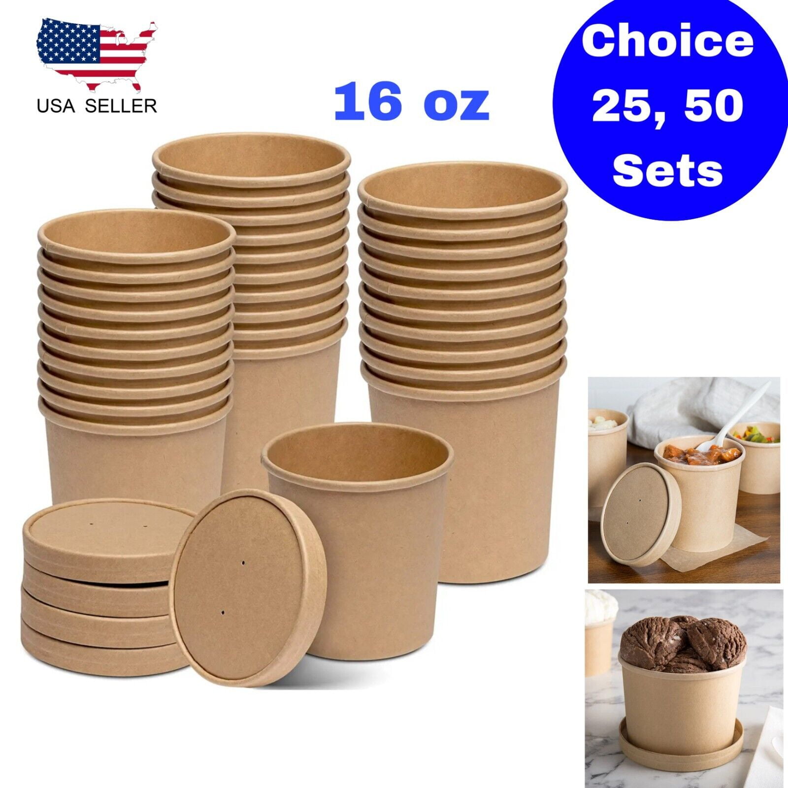 Kraft Paper Food Cup Disposable Soup Container with Vented Lids Ice ...