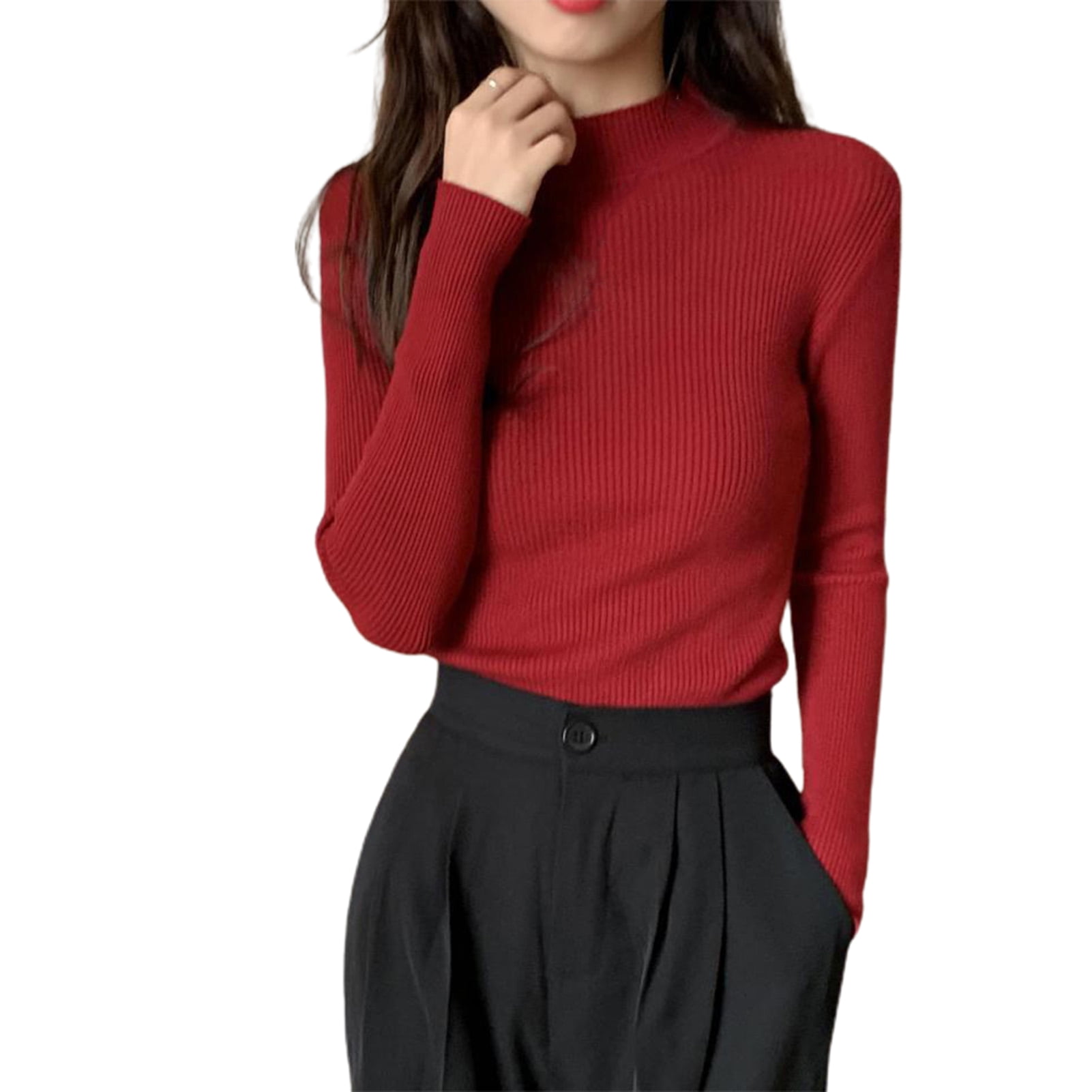 Perzoe Women Sweater Women Sweater Solid Color Half High Collar Long
