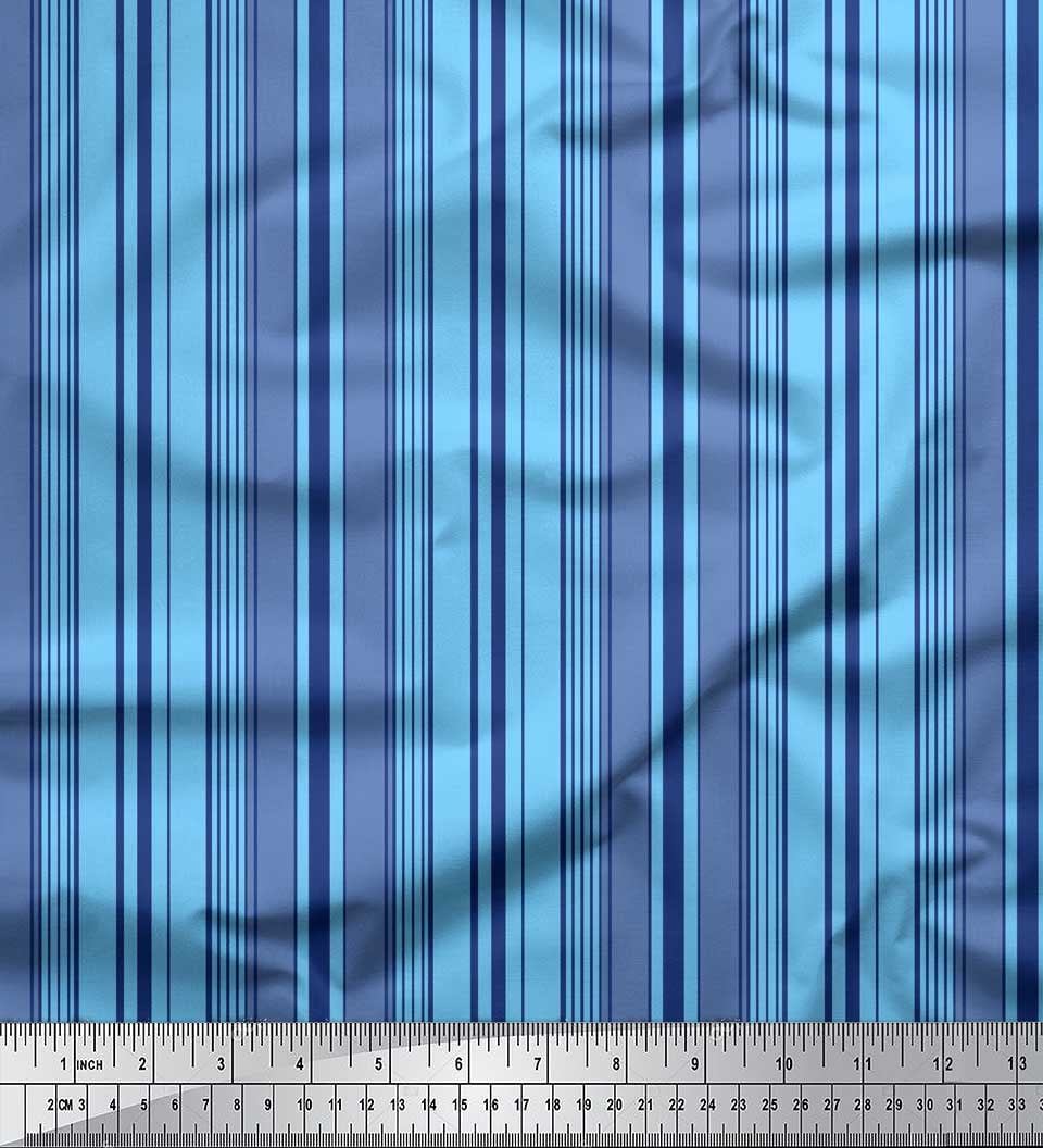 Soimoi Blue polyester Crepe Fabric Vertical Stripe Print Fabric by the ...