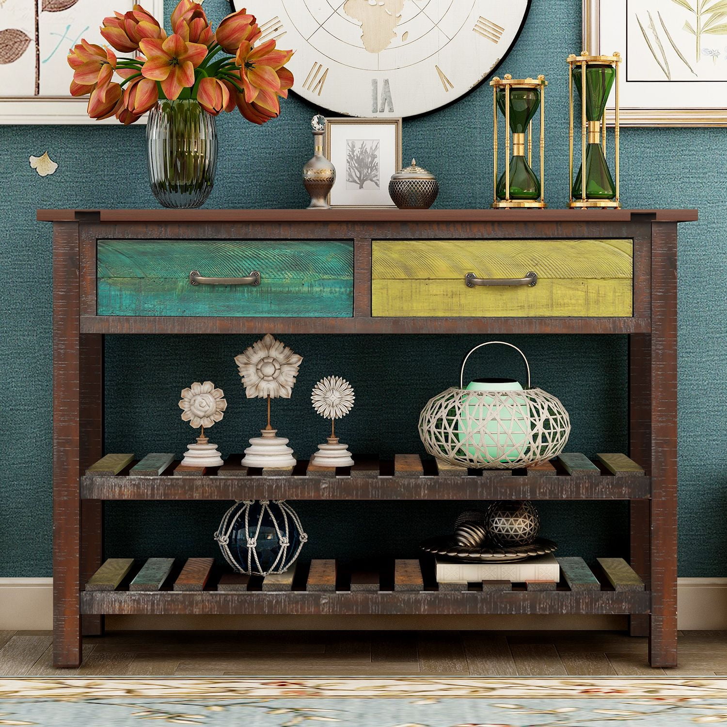 Console Tablewith 2 Storage Drawers and 2 Tiers Open Slatted Shelves ...