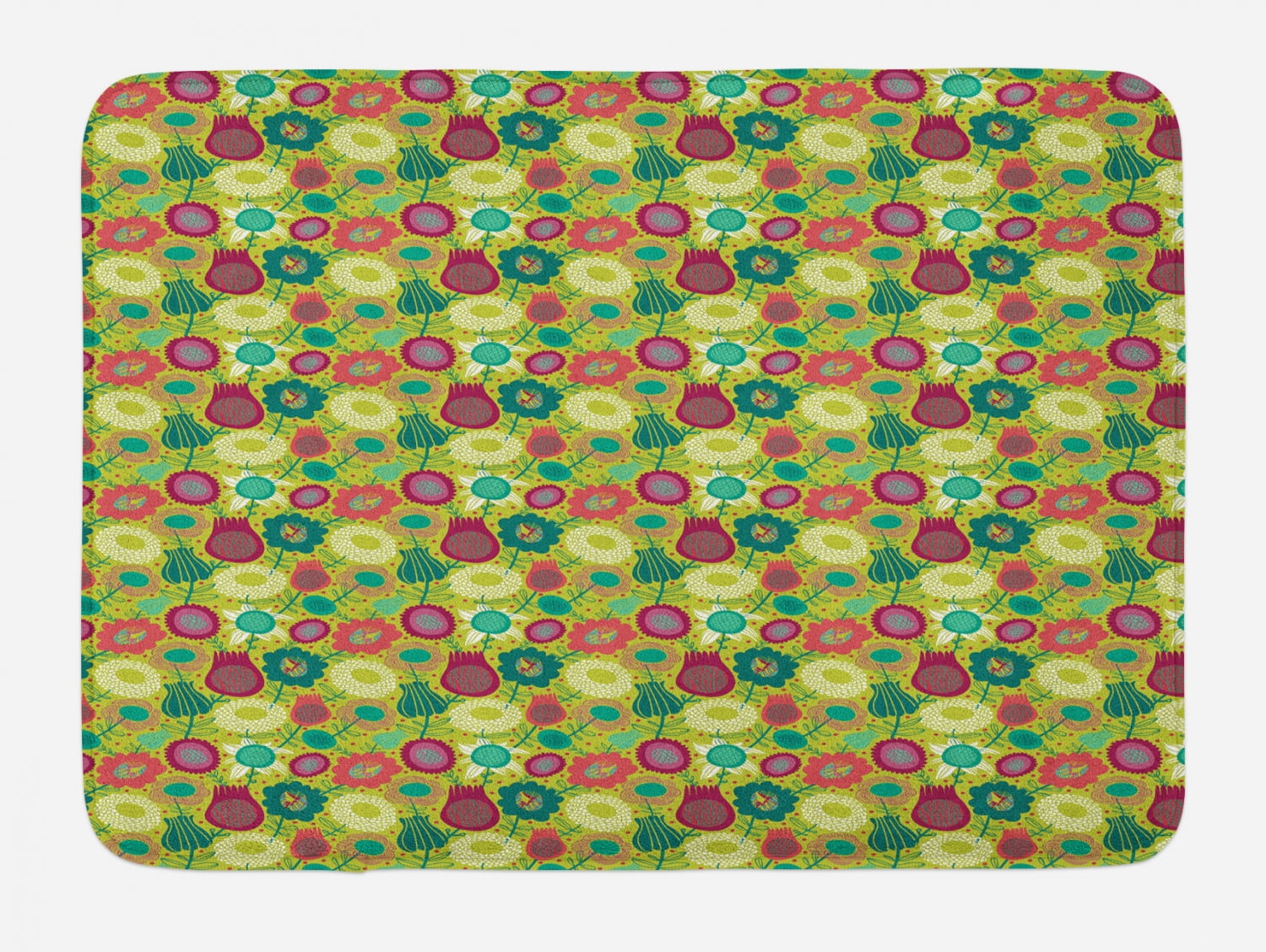 Colorful Bath Mat, Whimsical Pattern of Hand Drawn Style Flowers ...