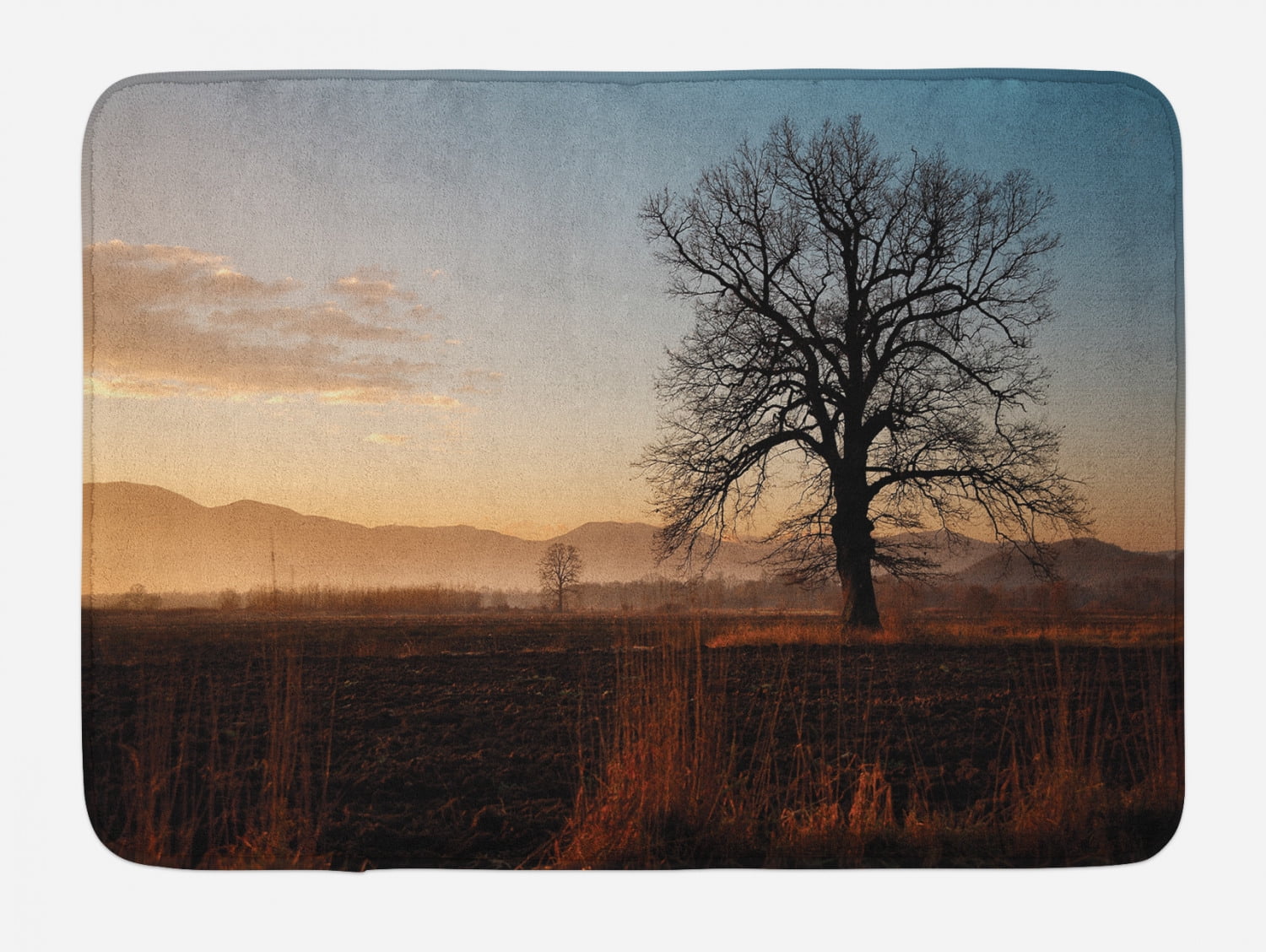 Tree Bath Mat, Oak Tree Distant Hills at Sunrise Rural Landscape Autumn ...