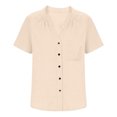 Womens Linen Tops Henley V Neck Short Sleeve Roll-Cuff Chest Pocket ...